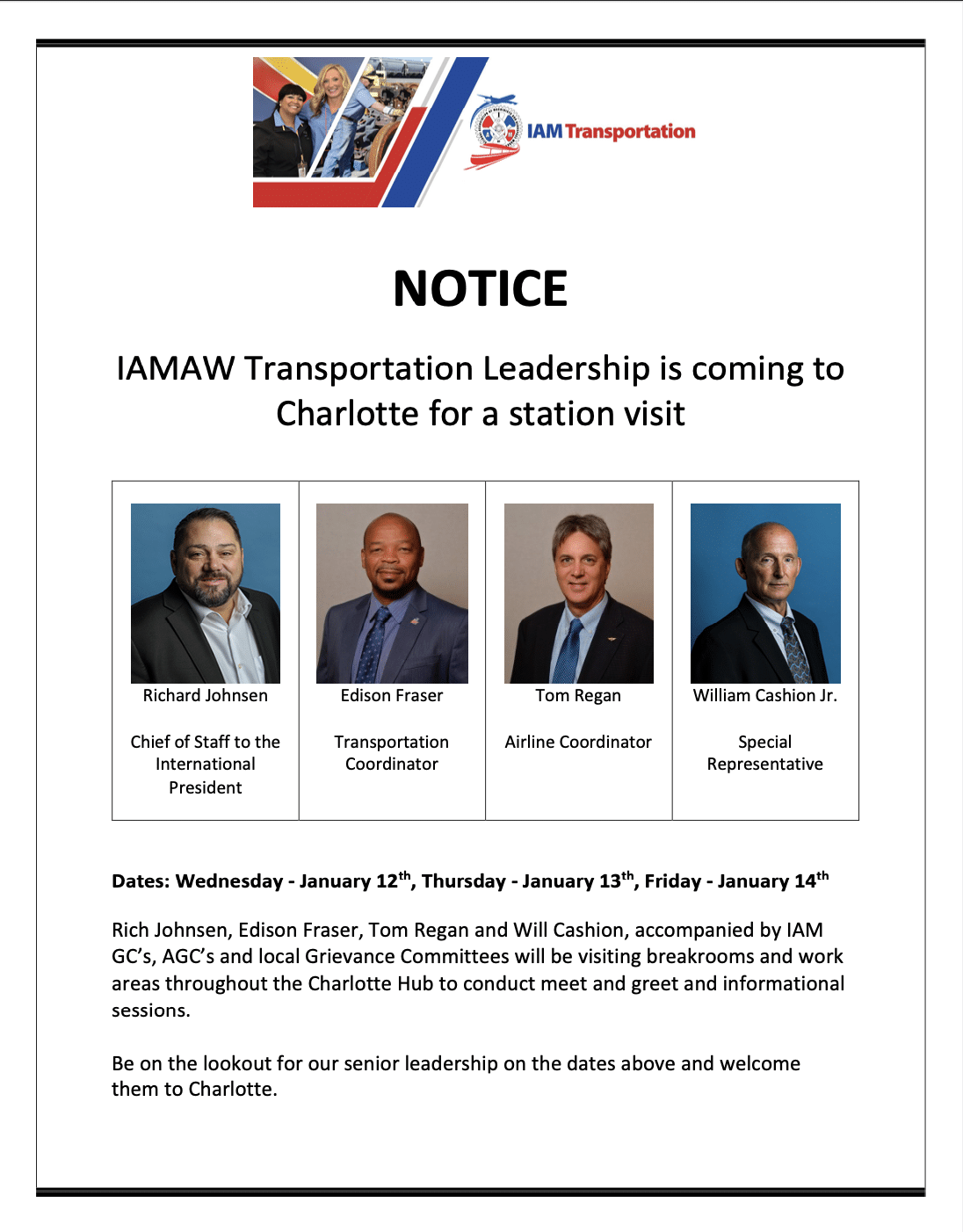 IAM Transportation Senior Leadership CLT Station Visit - Victory Local 1725