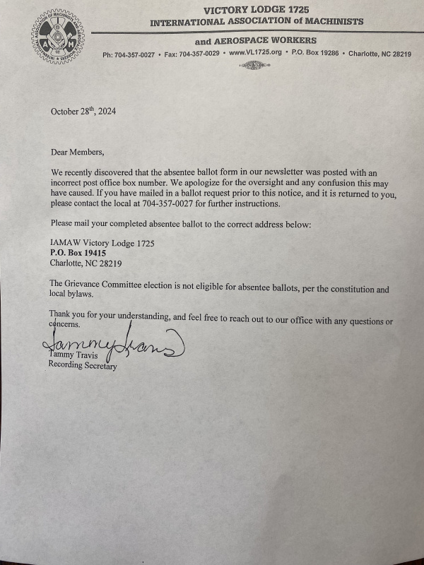 Local Lodge Election Correction - Victory Local 1725